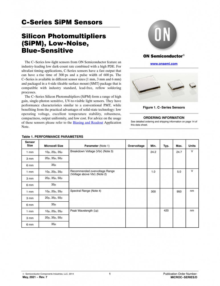 onsemi C-Series SiPM documentation page 1
