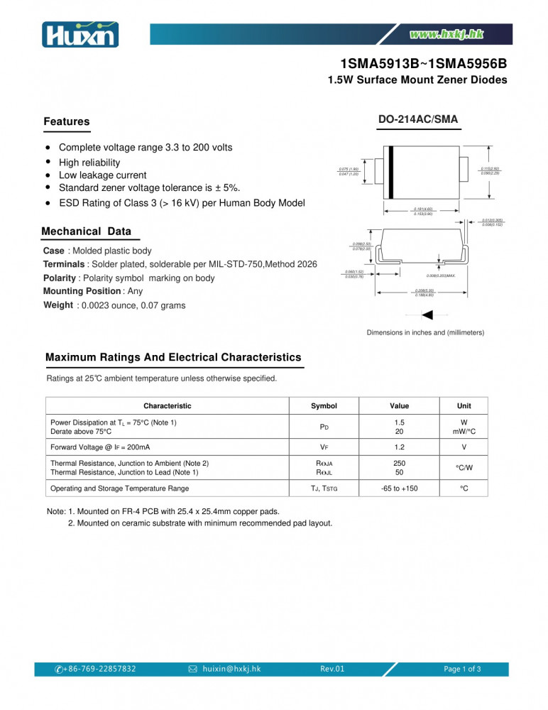 1SMA5913B to 1SMA5956B datasheet page 1