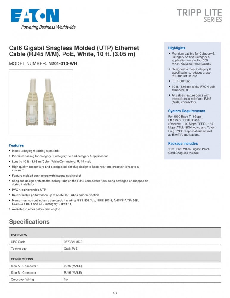 N201-010-WH technical document page 1