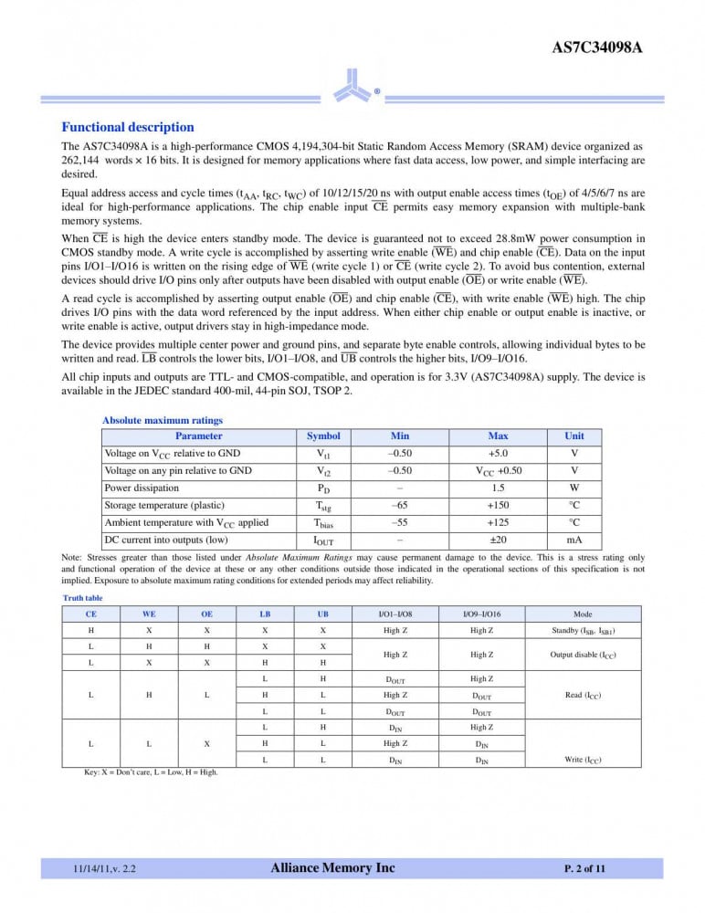 AS7C34098A datasheet page 2