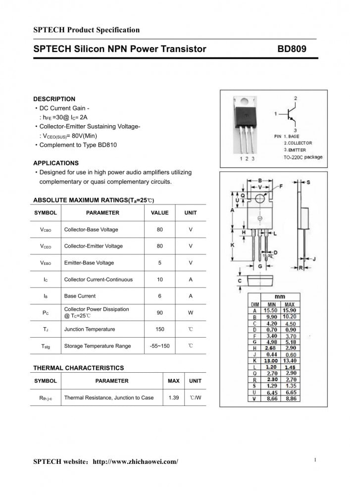SPTECH BD809 datasheet page 1