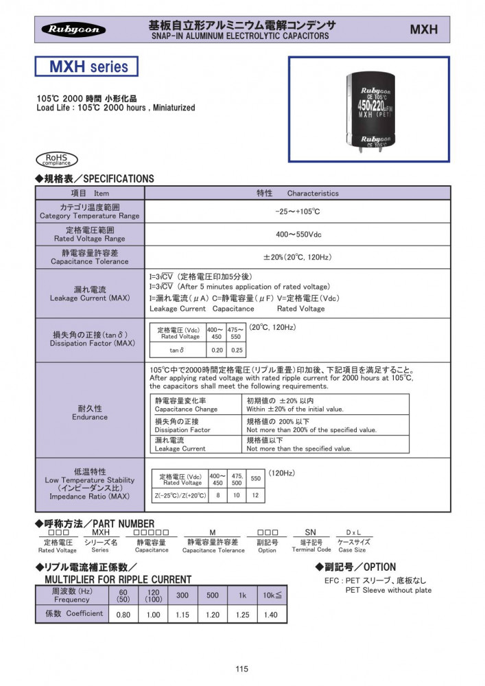 Rubycon MXH series datasheet page 1