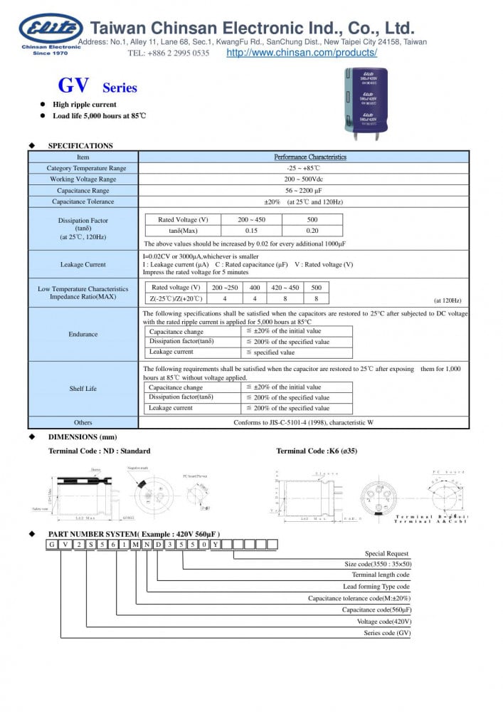 Chinsan GV series technical specification page