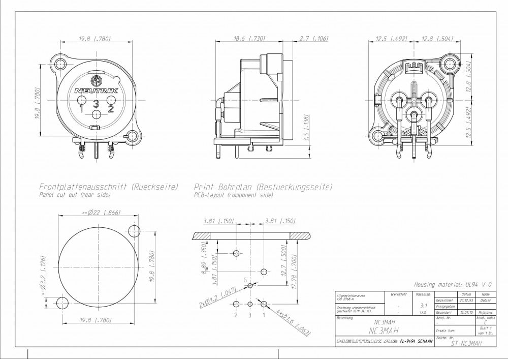 Neutrik NC3MAH technical drawing preview