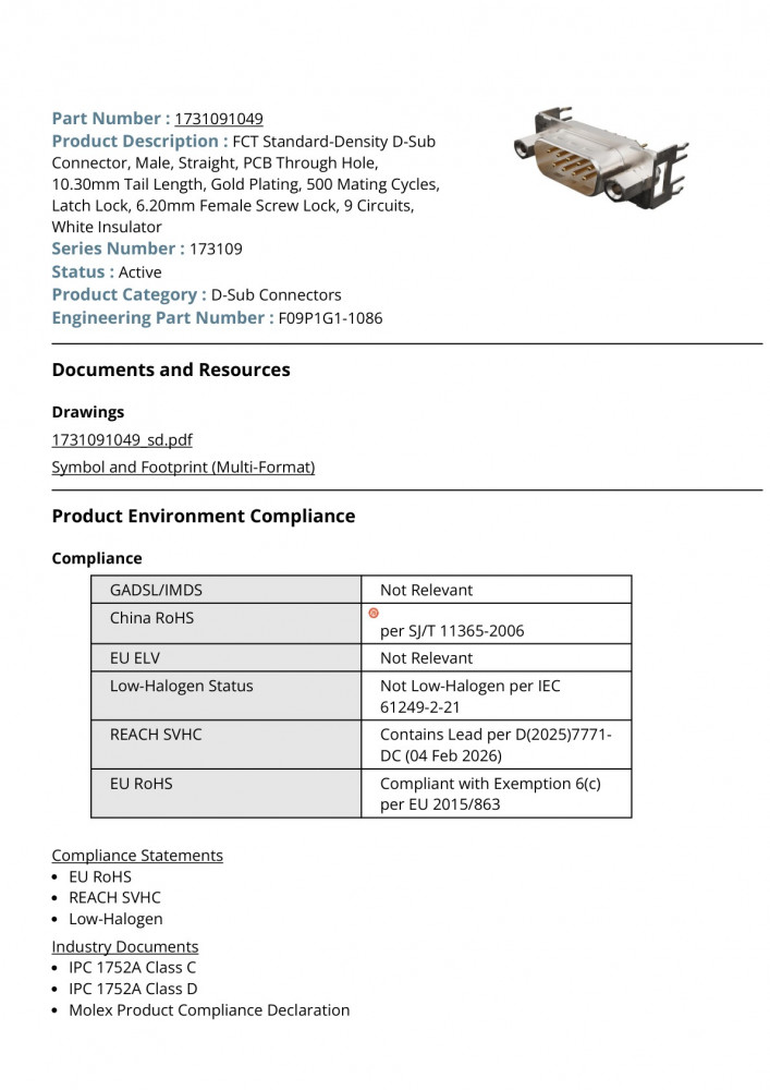 MOLEX 1731091049 product drawing preview, page 1