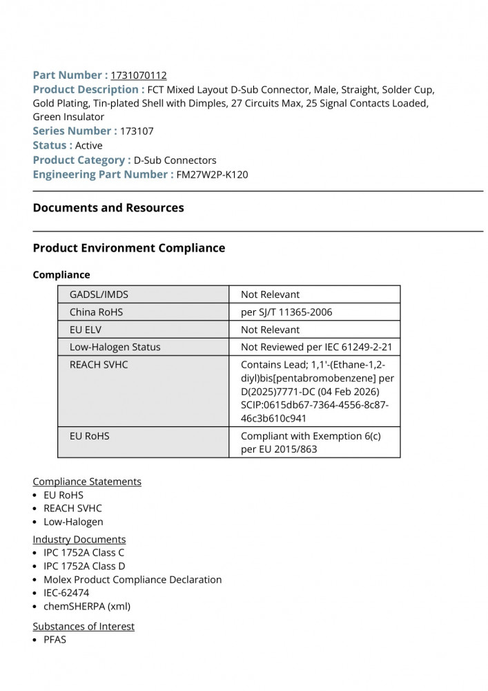 MOLEX 1731070112 technical document page 1