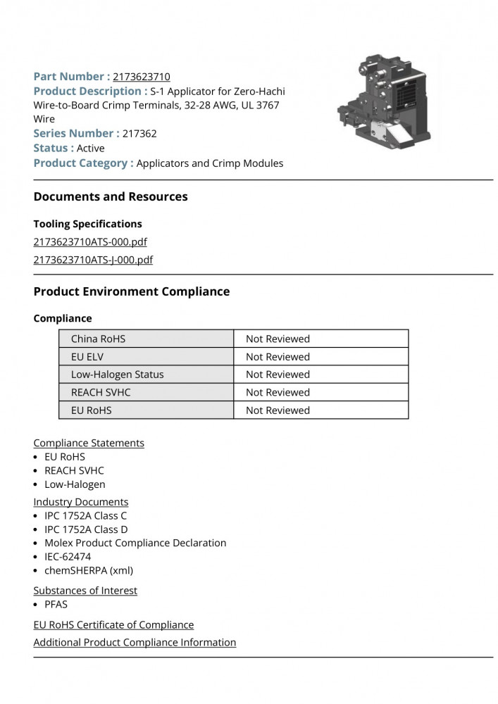 Tooling document image 1 for Molex 2173623710