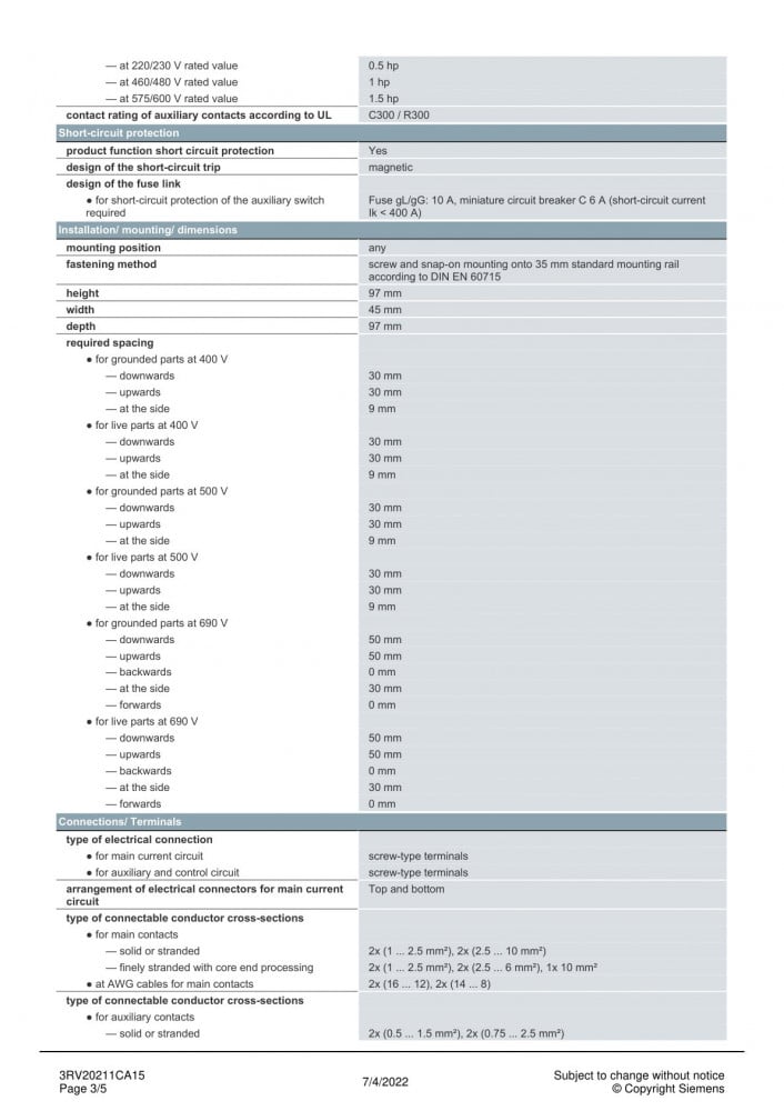 3RV20211CA15 datasheet page 3