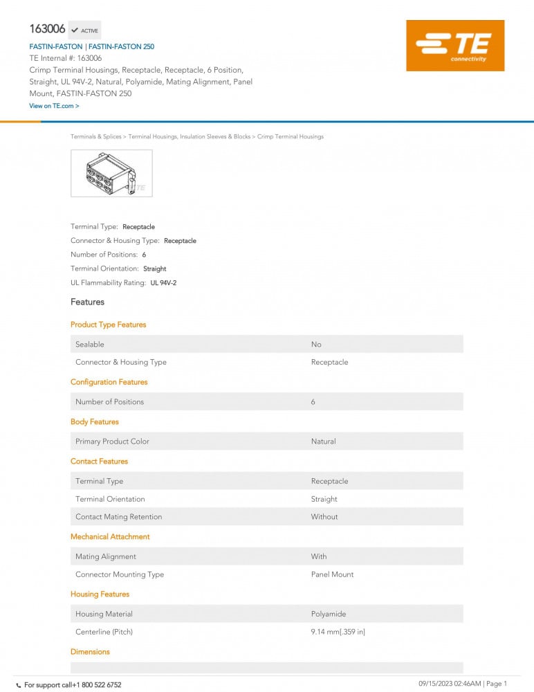 TE Connectivity 163006 technical document page 1