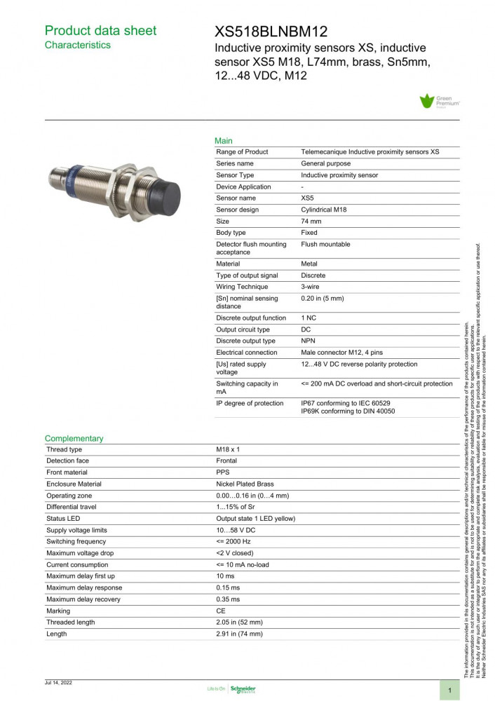 XS518BLNBM12 technical document page 1