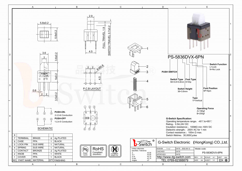 PS-5836DVA-6PN product drawing and material table