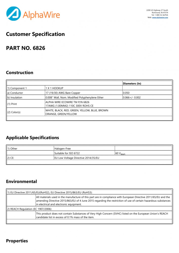 Alpha Wire 6826 specification page 1