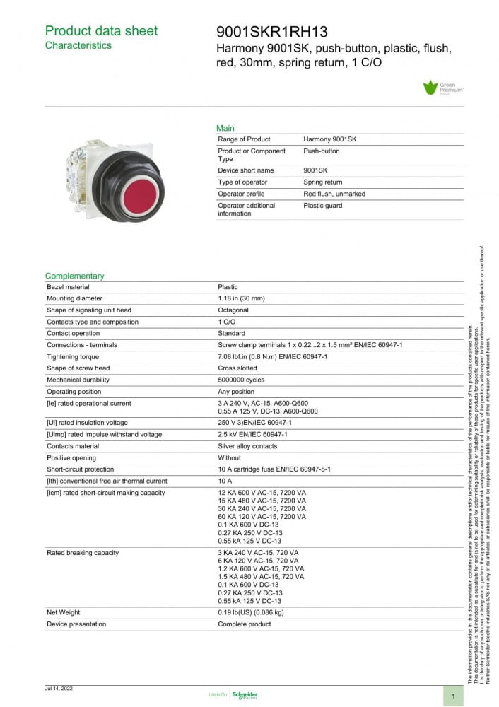 9001SKR1RH13 technical document page 1