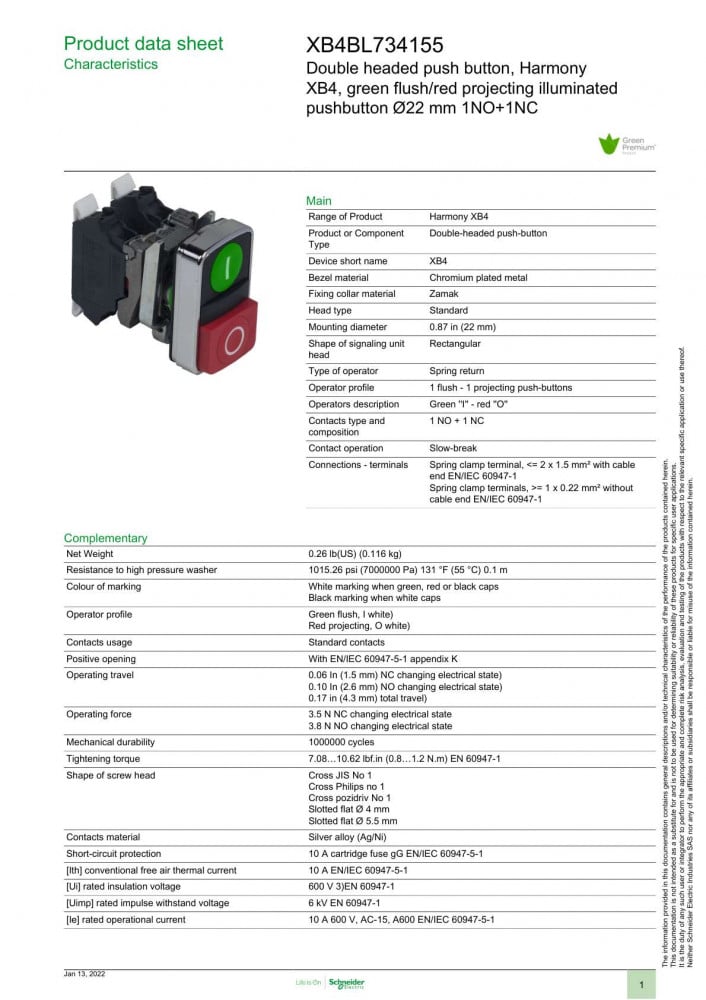 XB4BL734155 technical document page 1