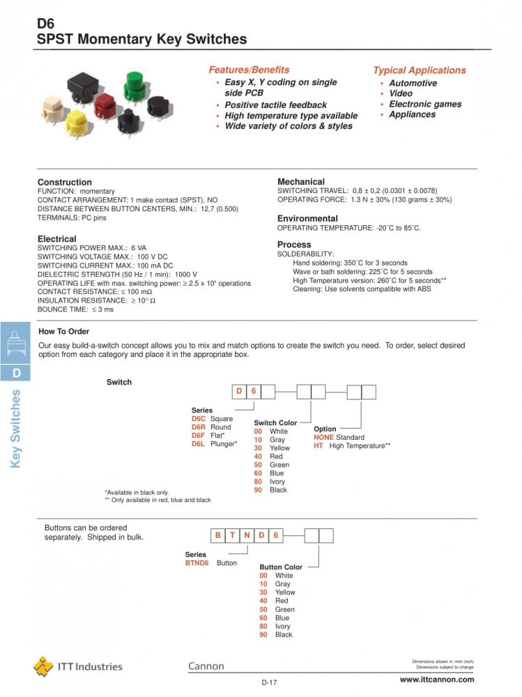 C&K D6 switch documentation page 1