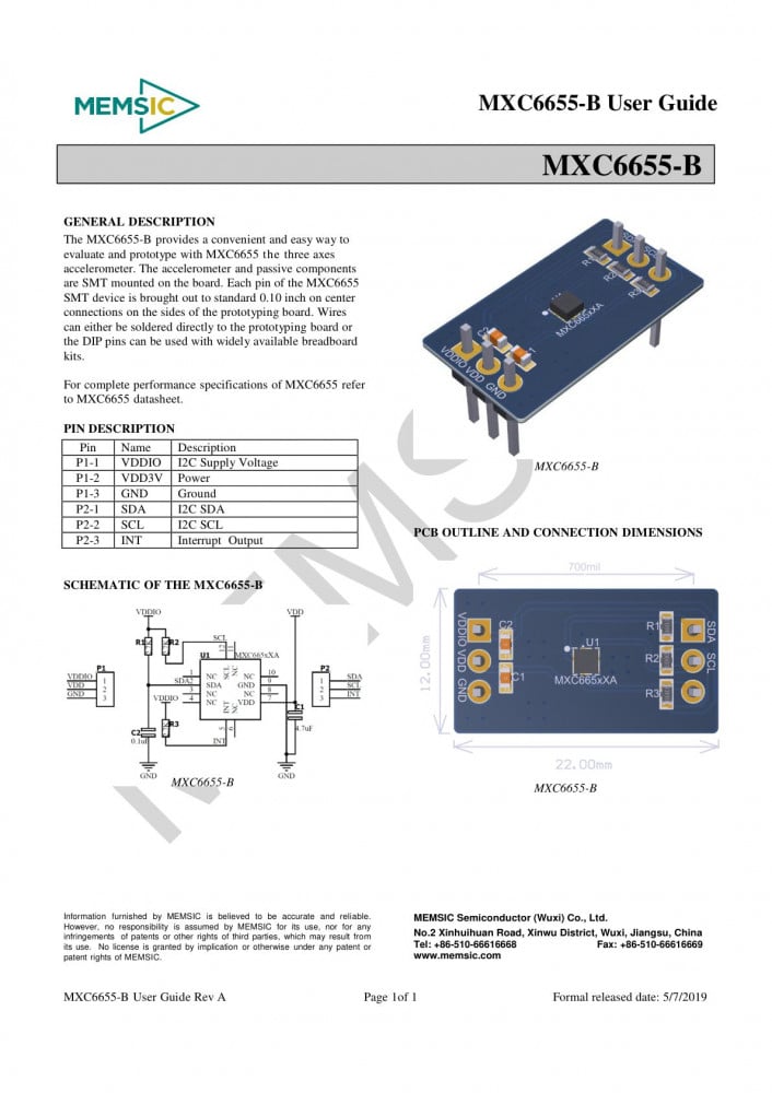 MEMSIC MXC6655-B evaluation board technical document page
