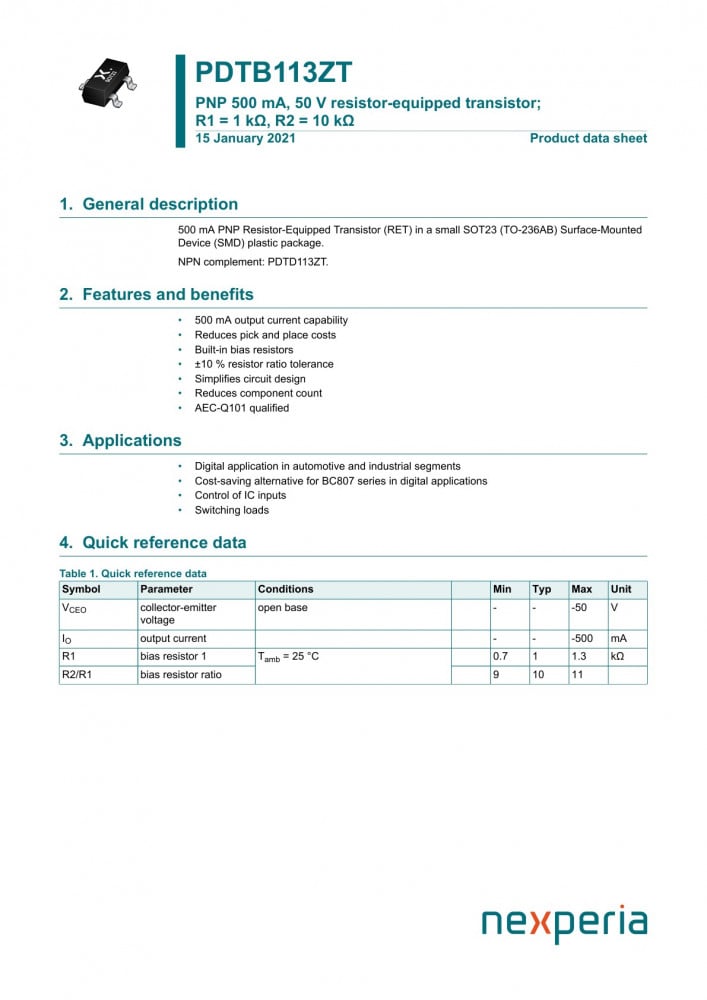 PDTB113ZT datasheet page 1