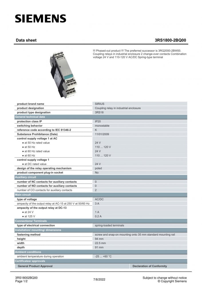 SIEMENS 3RS1800-2BQ00 datasheet page 1