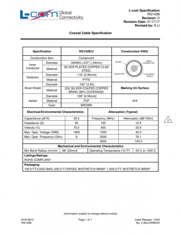 L-com RG142B/U coaxial cable specification sheet