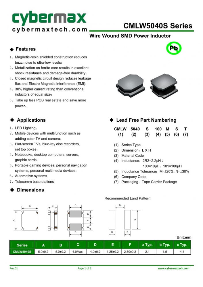 Cybermax CMLW5040S series datasheet page 1