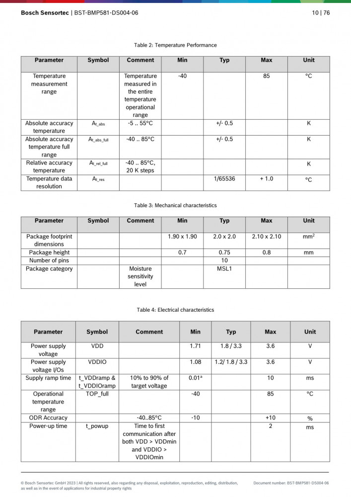 BMP581 datasheet page 10