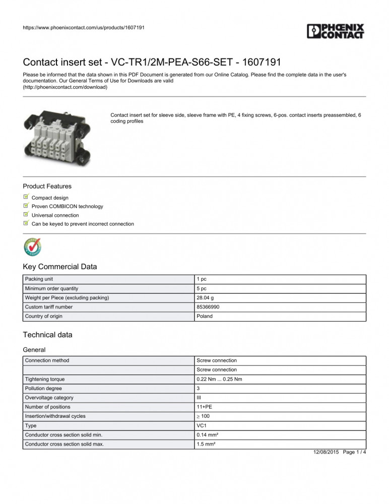 Phoenix Contact 1607191 technical document page 1