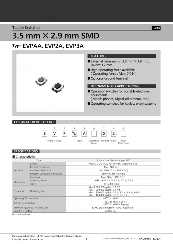 Panasonic EVP tactile switch catalog page 2