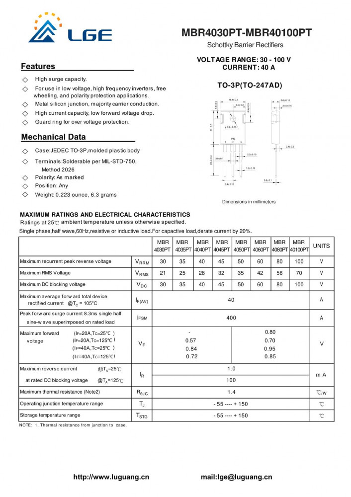 LGE MBR40100PT datasheet page 1