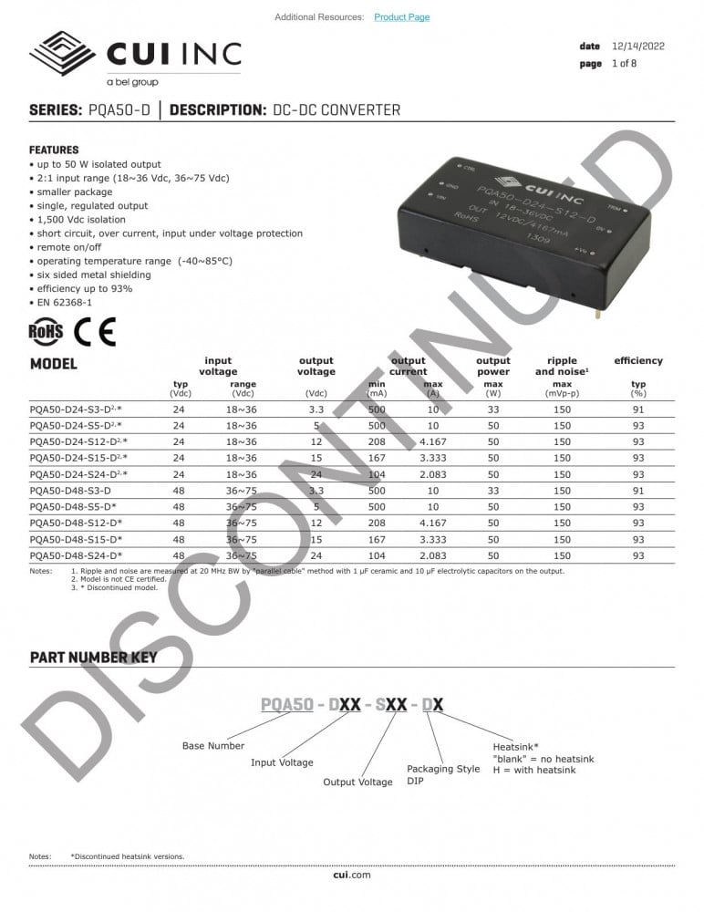 PQA50-D series datasheet page 1