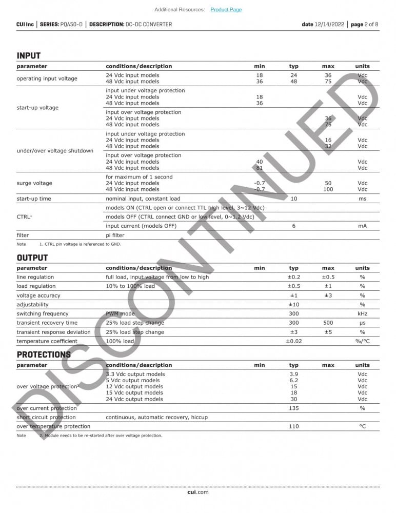 PQA50-D series datasheet page 2