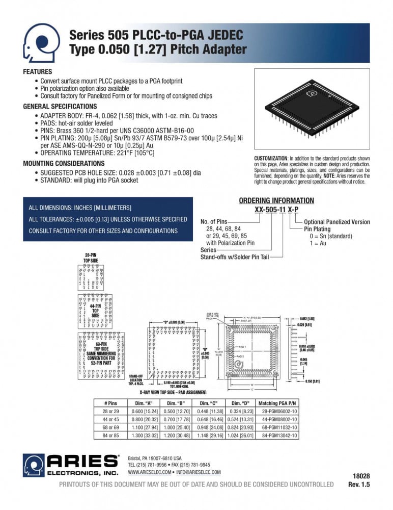 Aries Series 505 PLCC-to-PGA adapter technical drawing