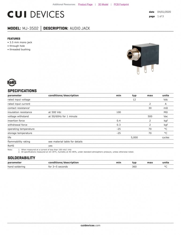 CUI MJ-3502 datasheet page 1