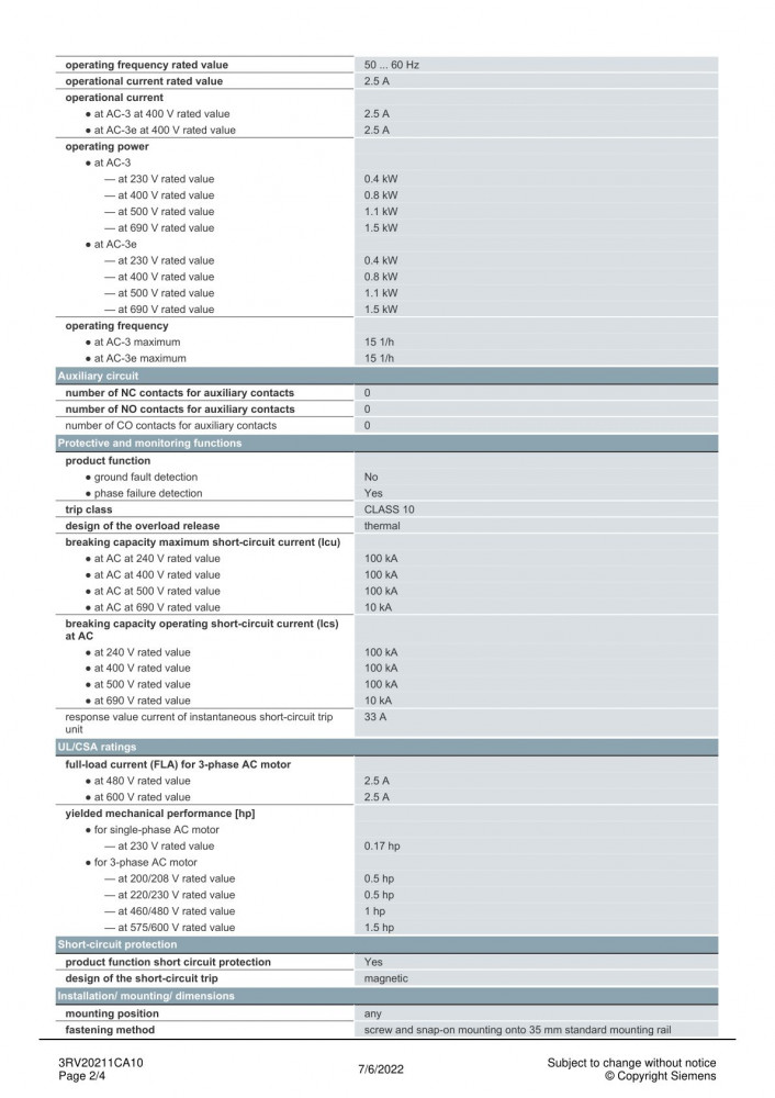 3RV20211CA10 datasheet page 2