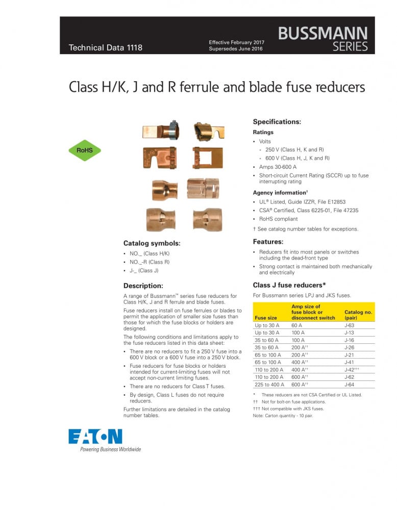 EATON Bussmann fuse reducer technical document page 1