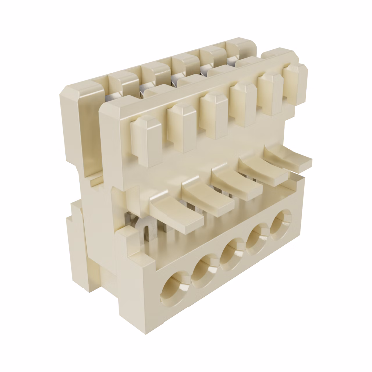 Appli-Mate RAST 2.5 Connector, 2.50mm Pitch, Female, 5 Circuits, Positions A and F Removed, Polarizing Rib Between 2/3, Locking Pips, Slotted Endwalls, Gold Plating