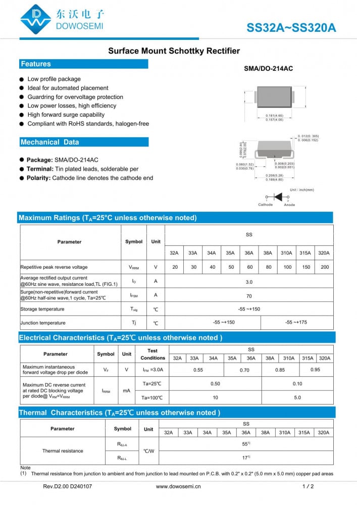 DOWO SS36A datasheet page 1