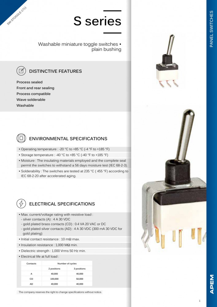 APEM S series datasheet page 1