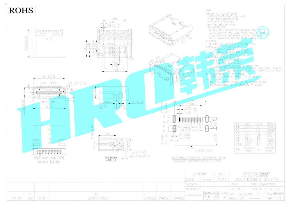 TYPE-C-31-M-08A USB connector technical drawing