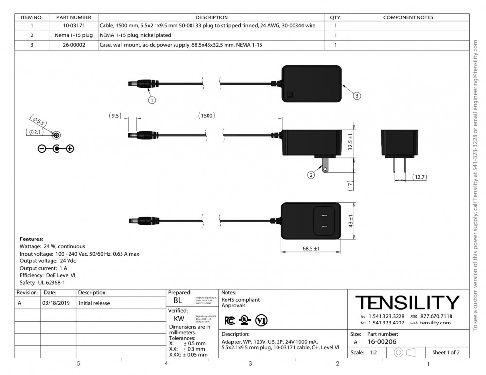 Tensility International 16-00206 specification sheet, page 1