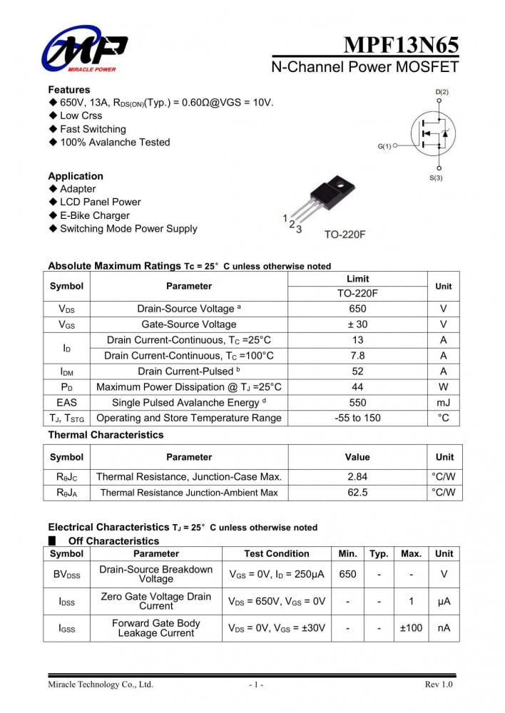 MPF13N65 datasheet page 1