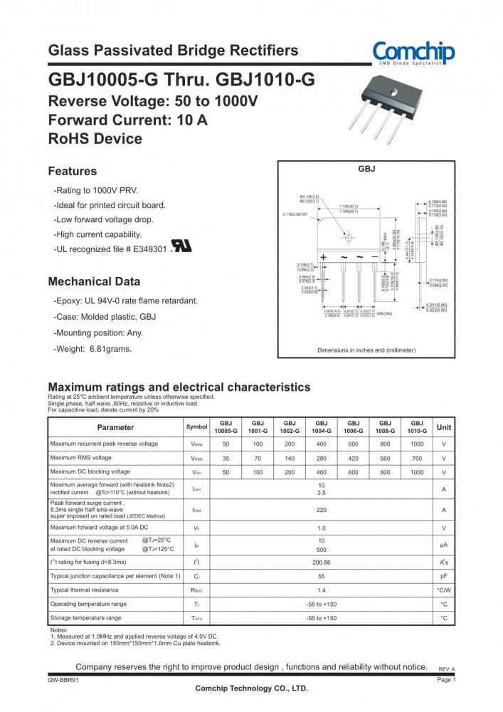 GBJ10005-G datasheet page 1