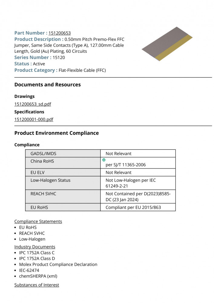 Technical document page 1 for MOLEX 151200653