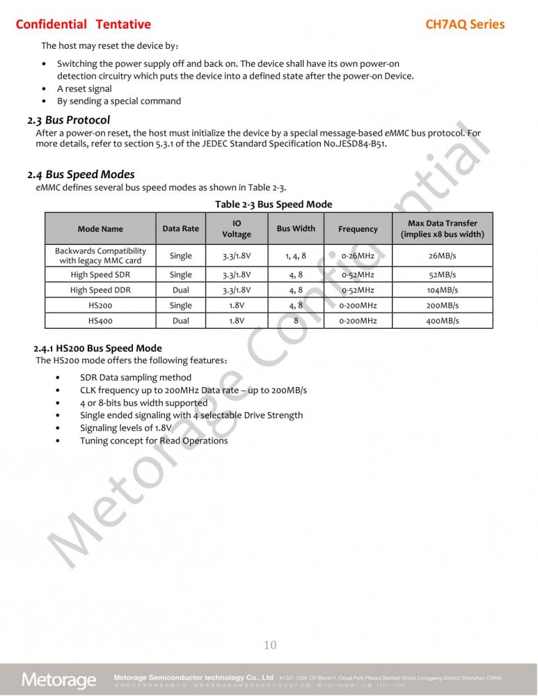 Metorage eMMC specification page 10