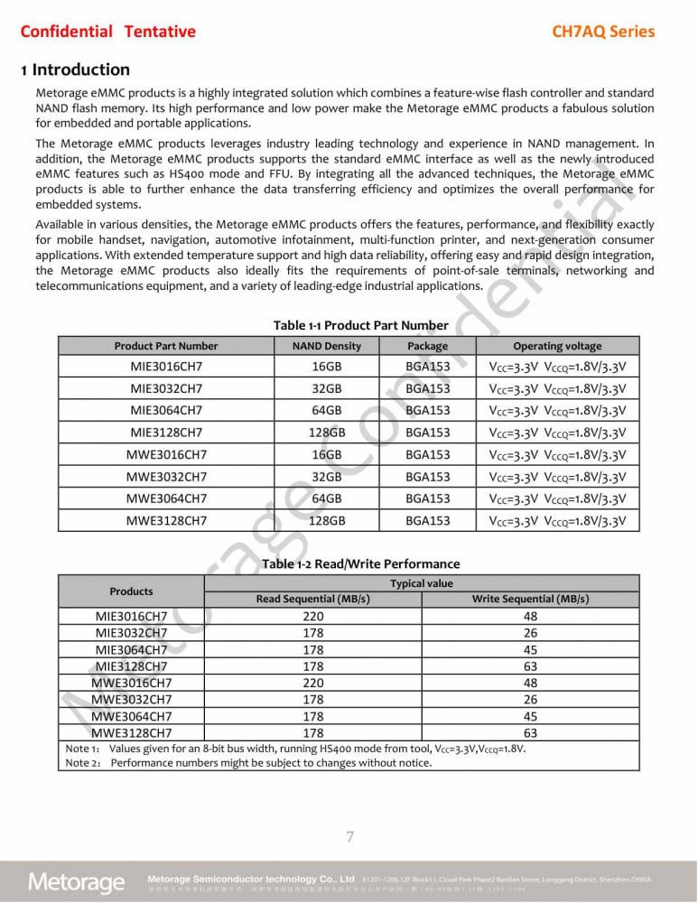 Metorage eMMC specification page 7