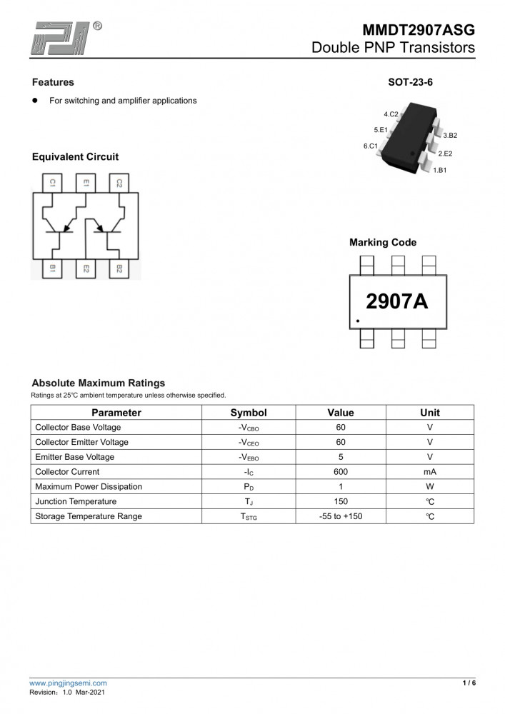 MMDT2907ASG datasheet page 1