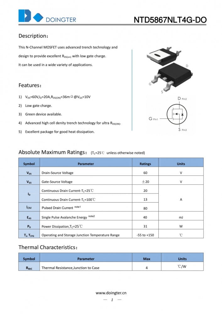 NTD5867NLT4G-DO datasheet page 1