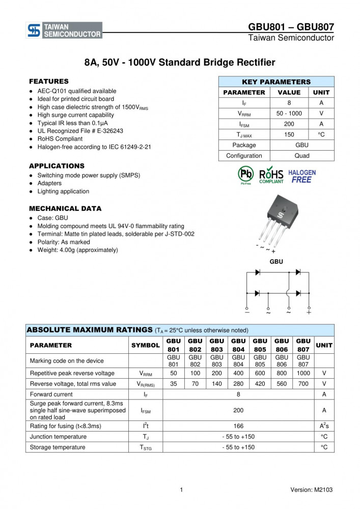GBU805 datasheet page 1