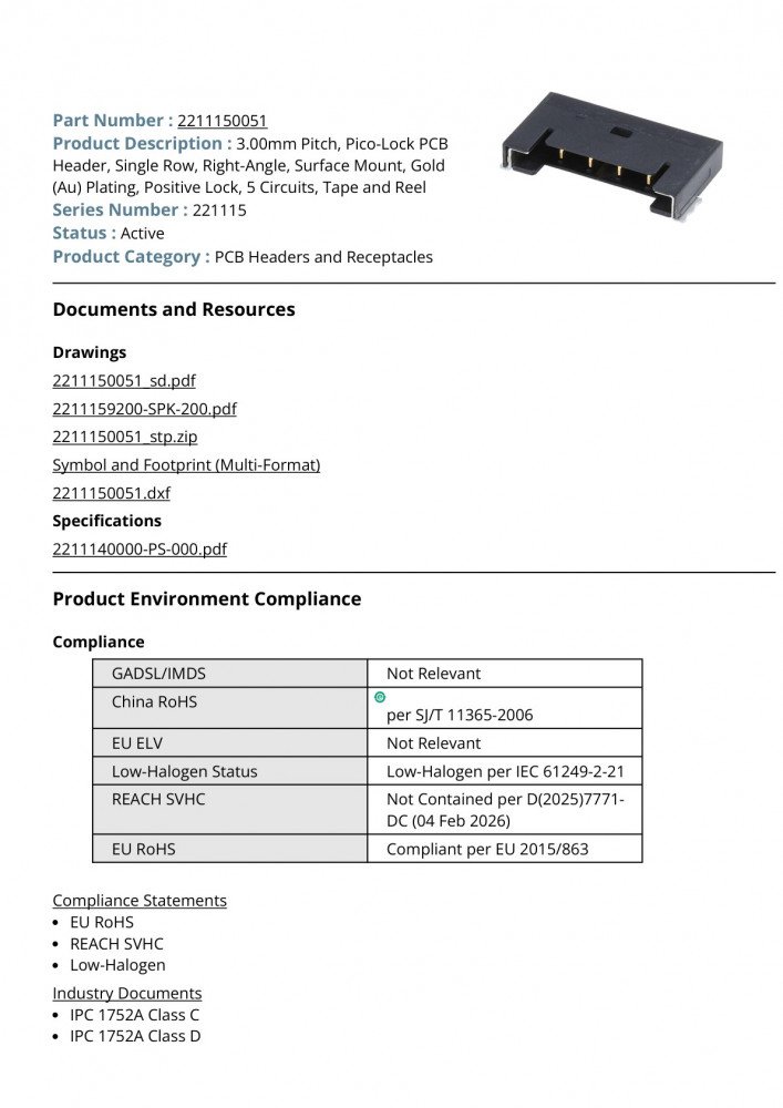 MOLEX 2211150051 technical document preview, page 1