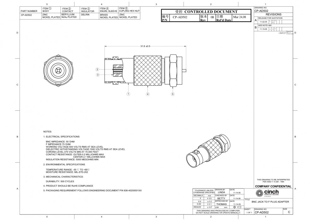 CP-AD502 BNC jack to F plug adapter product drawing