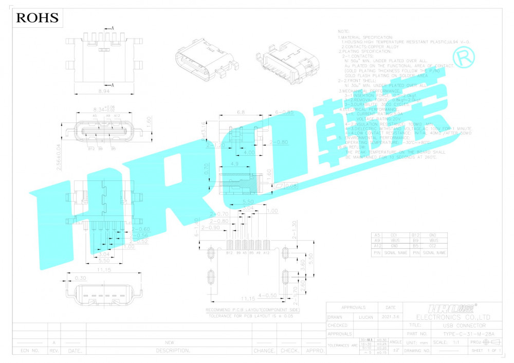 TYPE-C-31-M-28A technical drawing and pin assignment